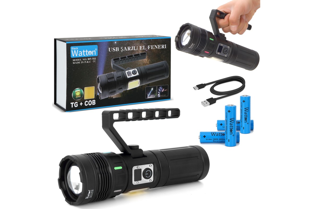 Watton WT-703 15.000 Lümen COB LED Şarjlı El Feneri – Ultra Parlak ve ...