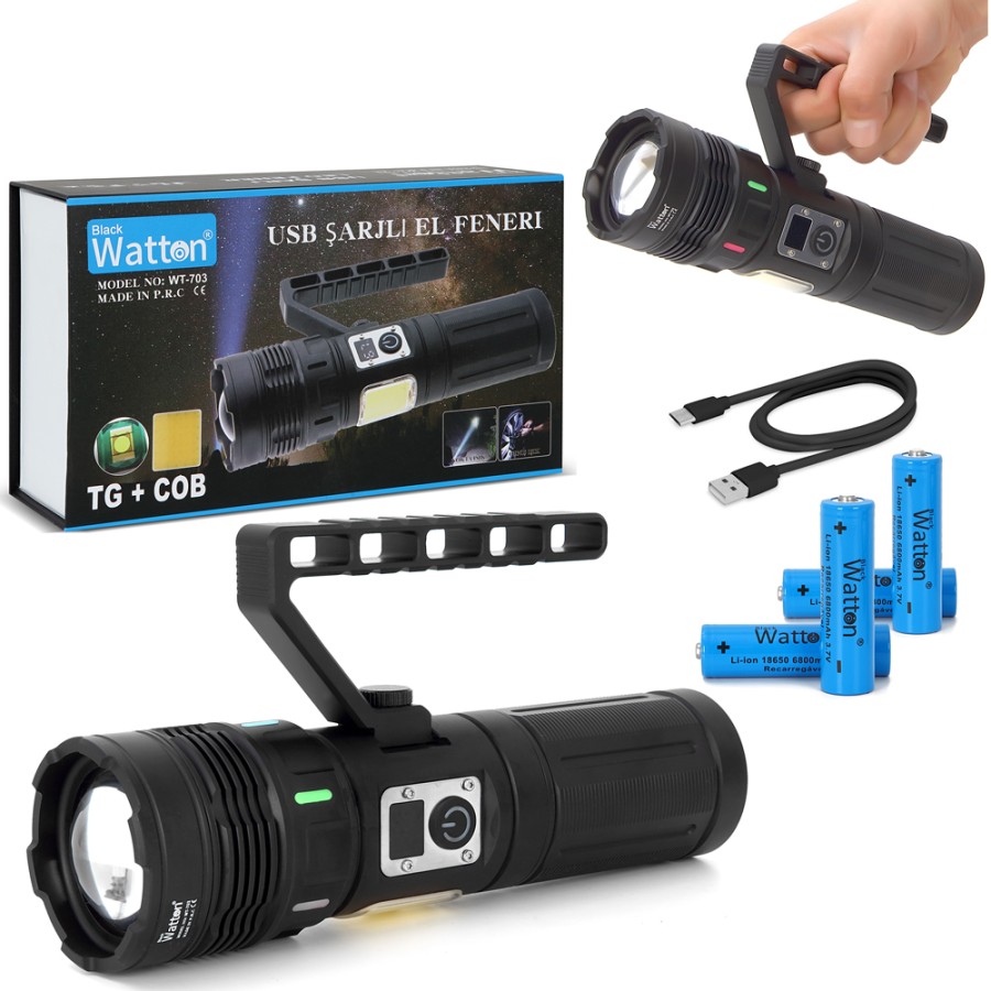 15.000 LÜMEN TG+COB LED ŞARJLI EL FENERİ WATTON WT-703